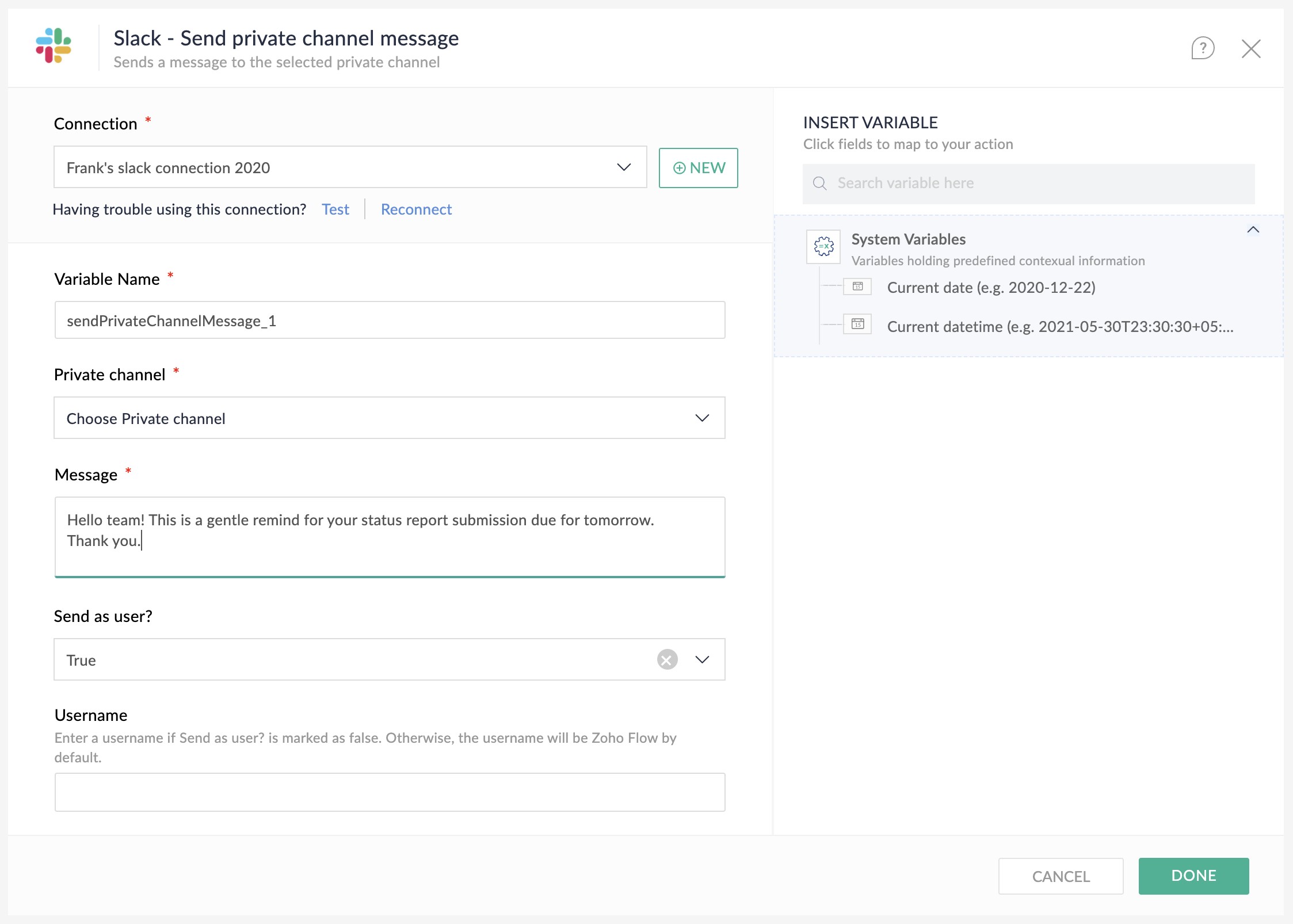 How to automatically send reminders to your team on a schedule | Zoho Flow